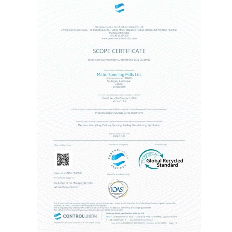 Scope Certificate GRS v4 – Matin Spinning PLC