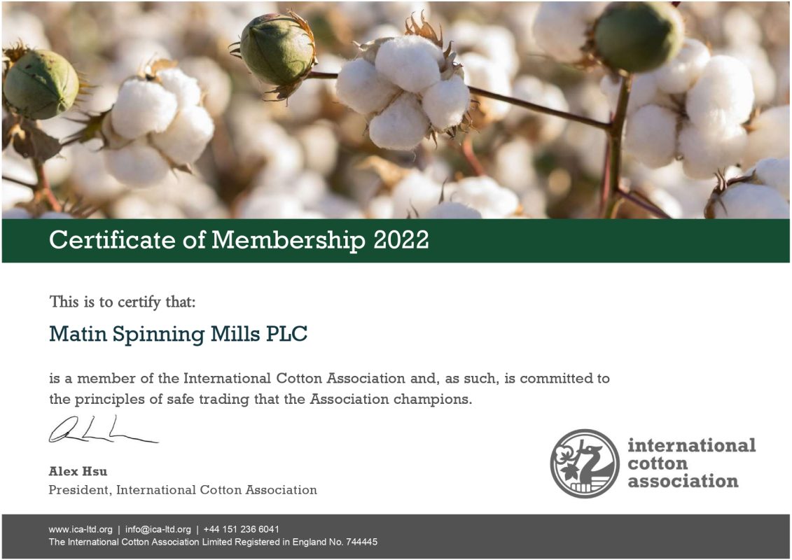 ICA Certificate of Membership 2022 – Matin Spinning PLC