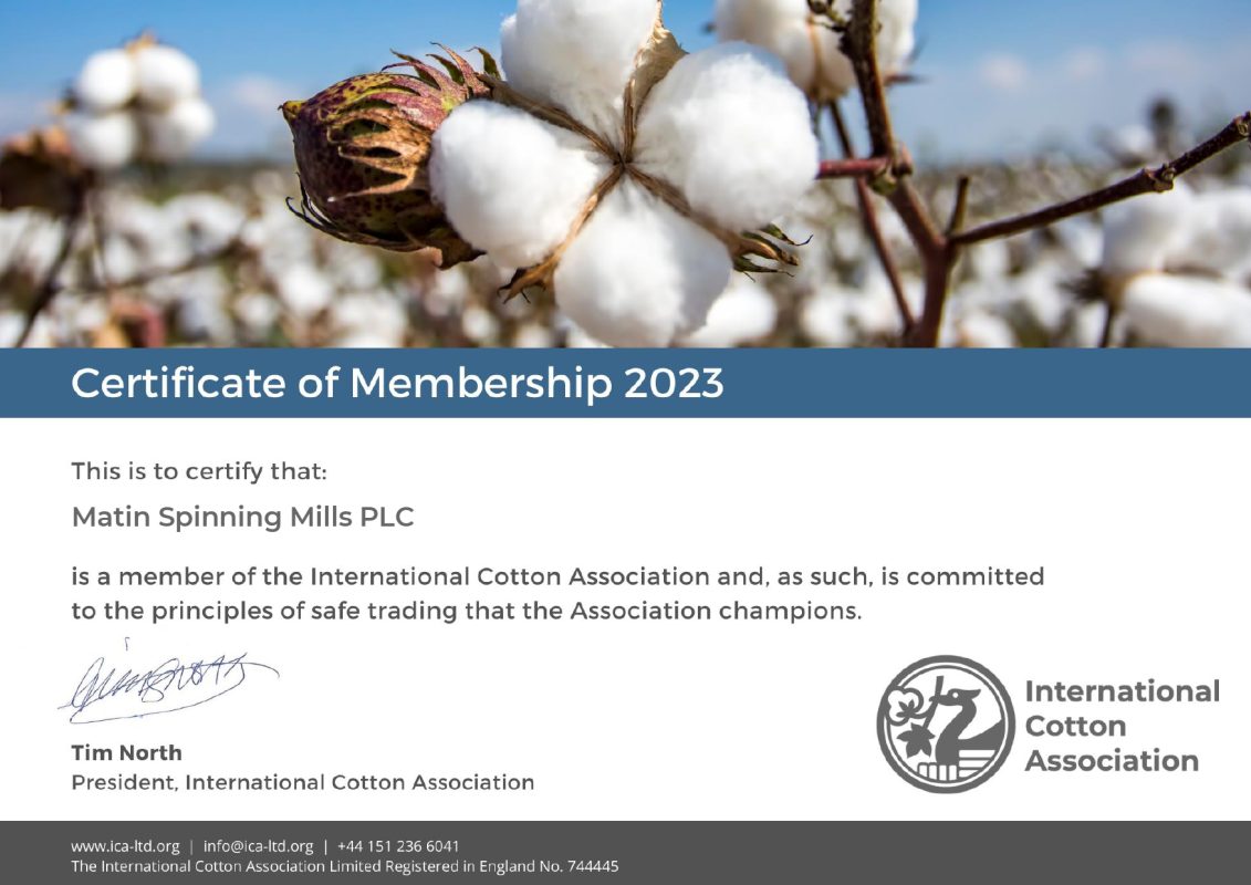 ICA Certificate of Membership 2023 – Matin Spinning PLC